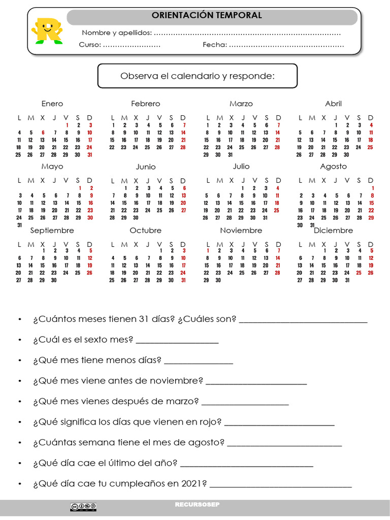 Orientacion Temporal Calendario | PDF