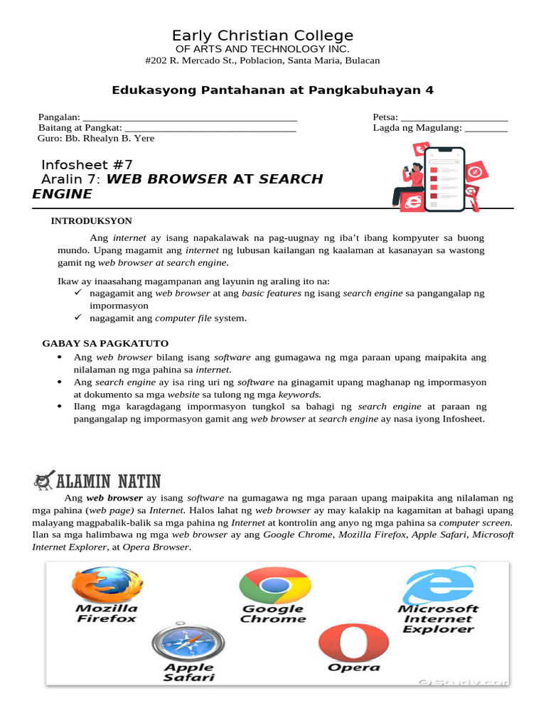 Infosheet 7 Aralin 7 Web Browser at Search Engine | PDF