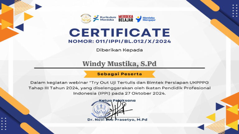 E-Certicate Windy Mustika, S.PD | PDF
