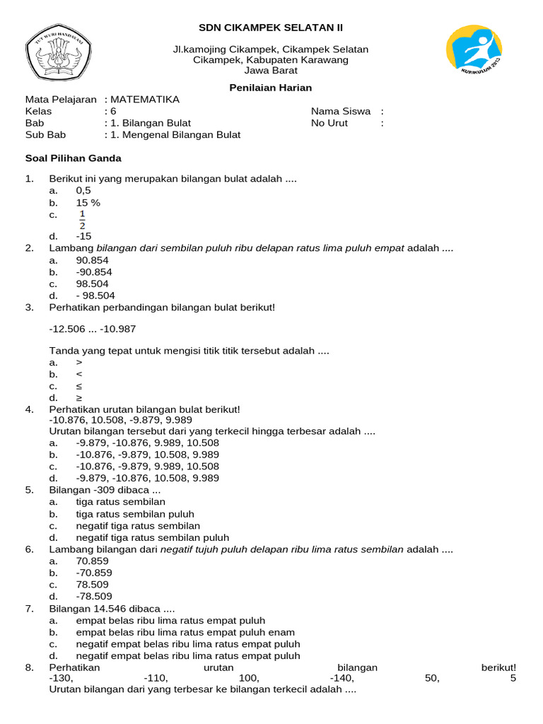 Soal MTK Bab 1 Sub Bab 1 | PDF