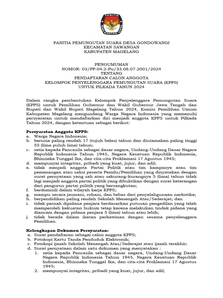 Pengumuman Pps Pendaftaran Kpps Pilkada 2024 | PDF