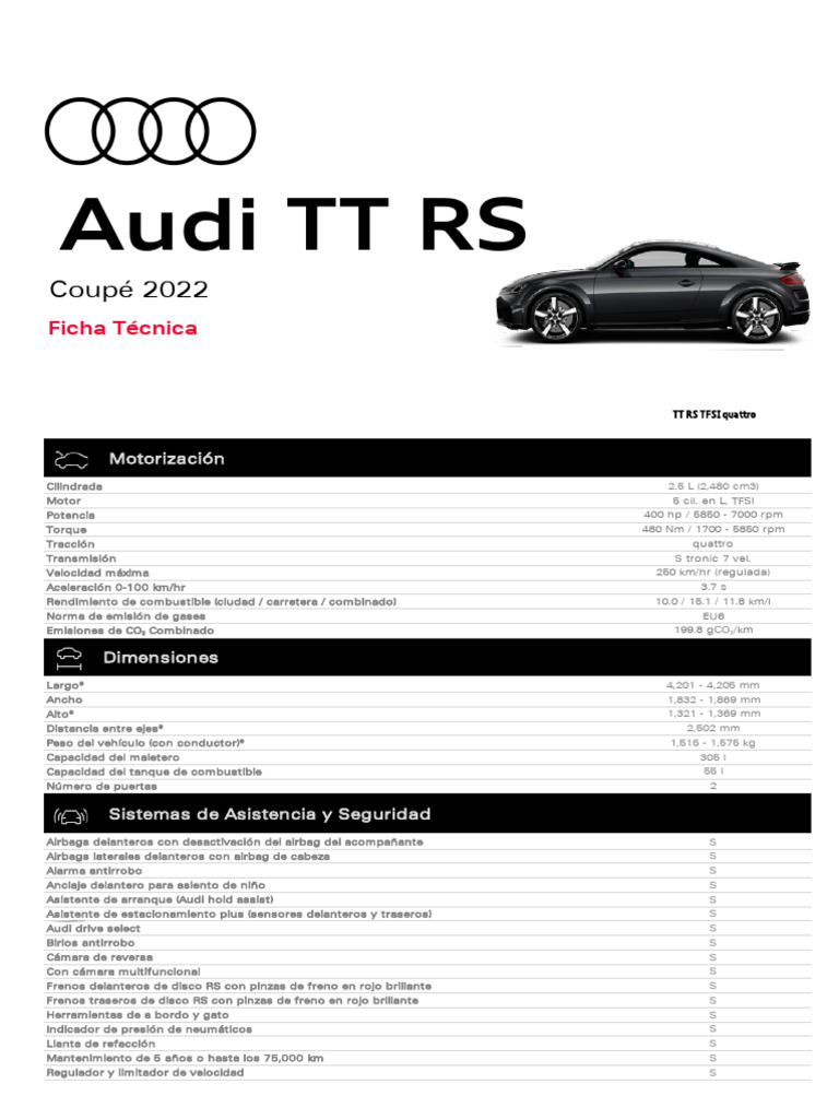 Ficha Técnica Audi TT RS Coupé 2022 | PDF | Airbag | Diodo emisor de luz