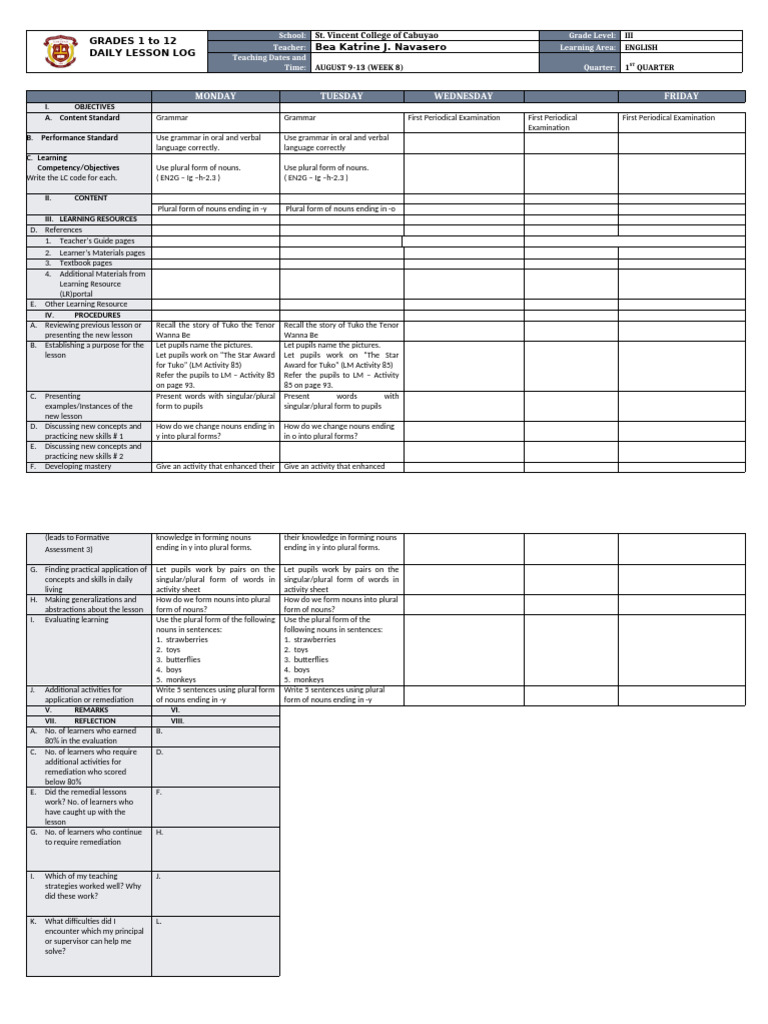 DLL - English 3 - Q1 - W8 | PDF | Plural | Noun