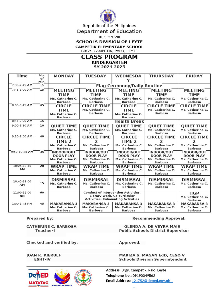Class Program Kinder | PDF
