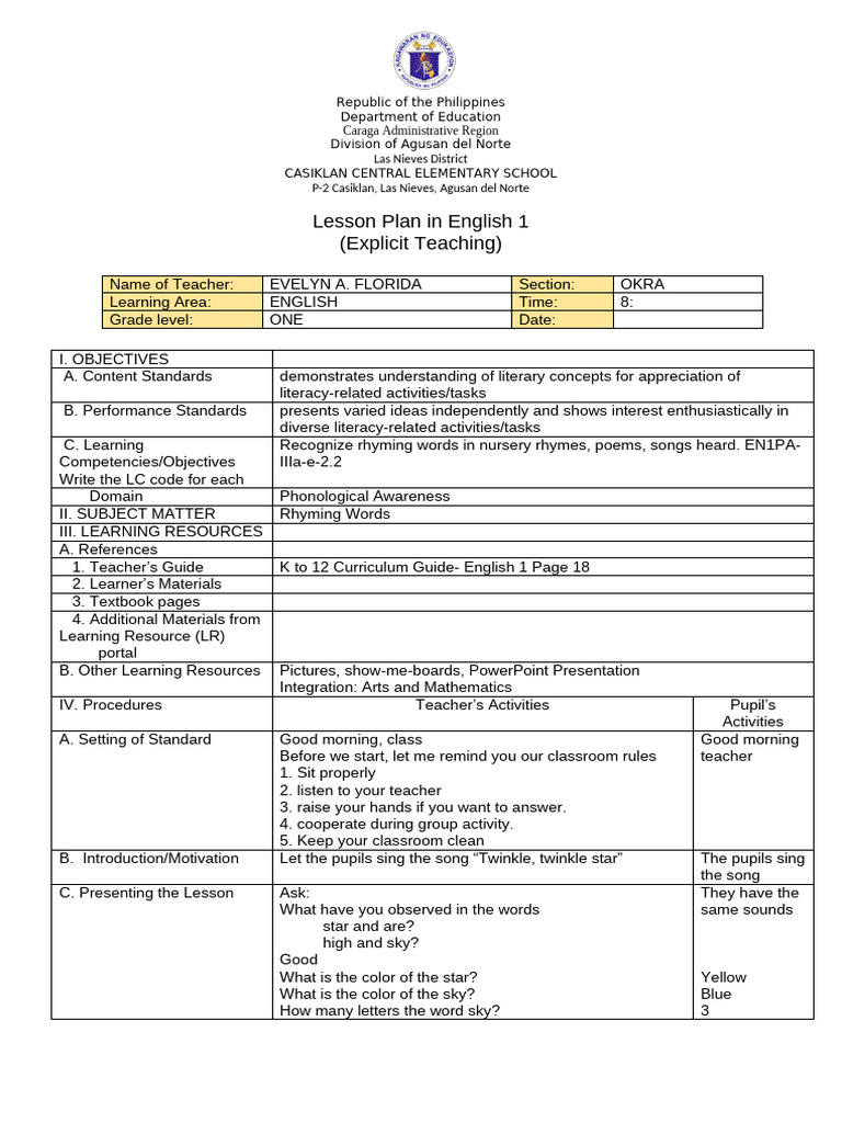 English 1 Lesson Plan: Rhyming Words | PDF | Lesson Plan | Teachers