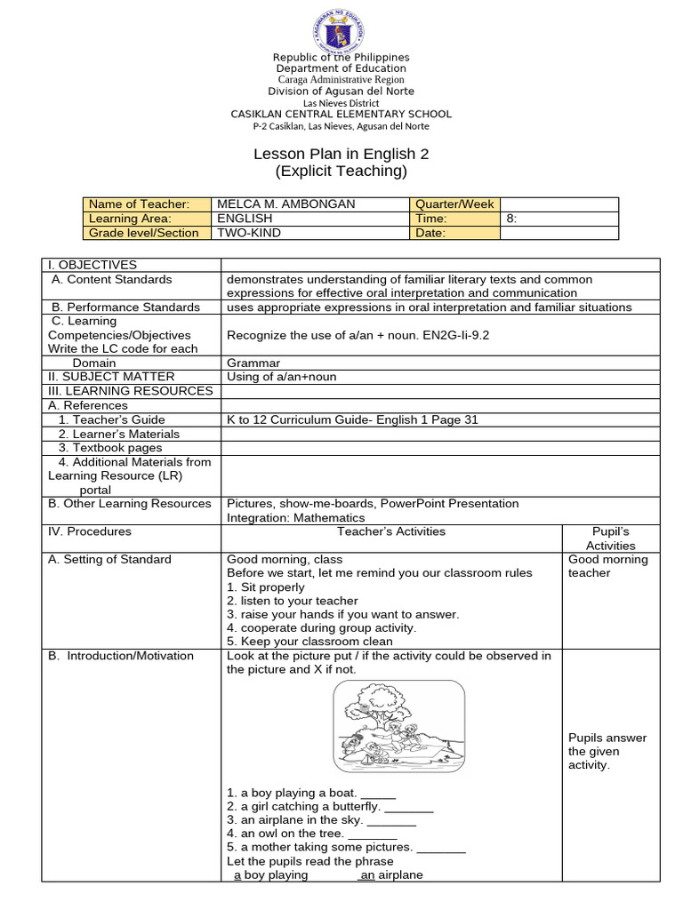 Grade 2 English: Articles Lesson | PDF | Lesson Plan | Learning