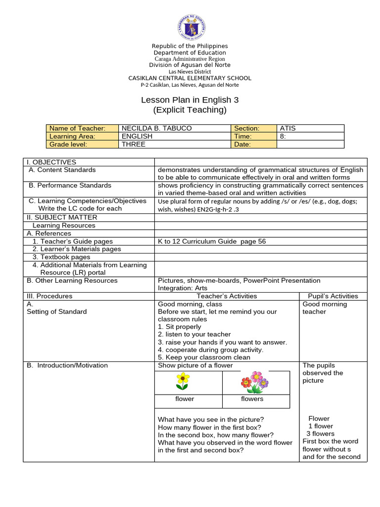 EXPLICIT TEACHING LP - Docx ENGLISH.3docx | PDF | Plural | Lesson Plan