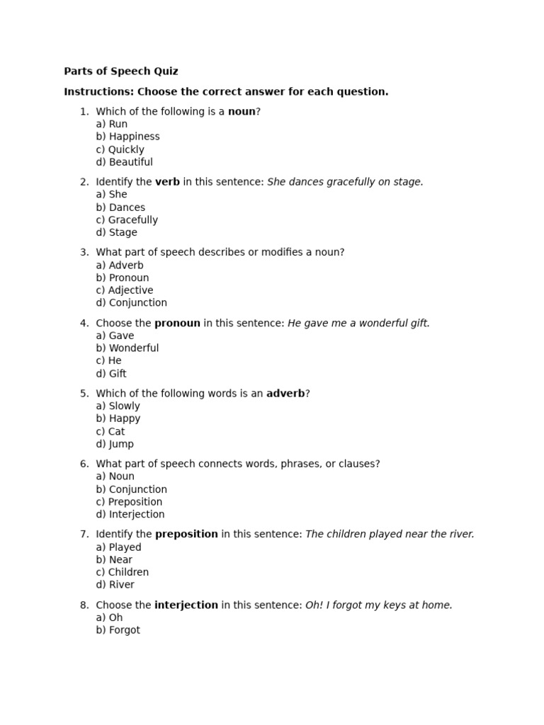 Parts of Speech Quiz Instructions: Choose The Correct Answer For Each ...