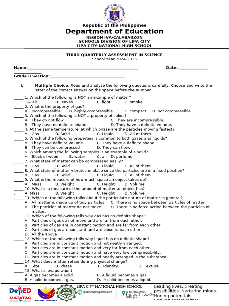 Grade 8 Science - 3rd Periodical Test 2024 2025 Edited | PDF | Matter ...