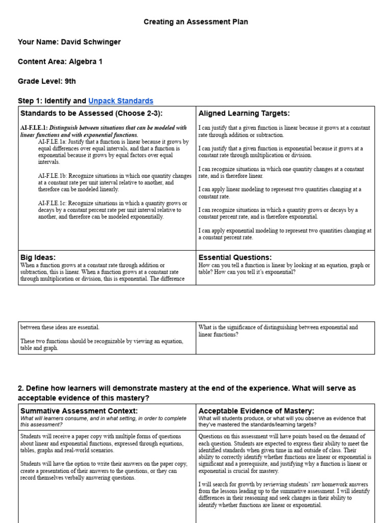 Algebra 1 Assessment Plan: Linear vs. Exponential | PDF | Exponential ...