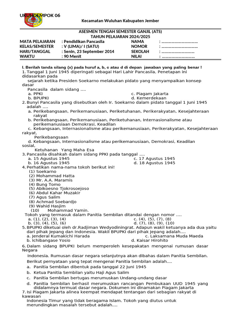 Soal Ats Pendidikan Pancasila | PDF