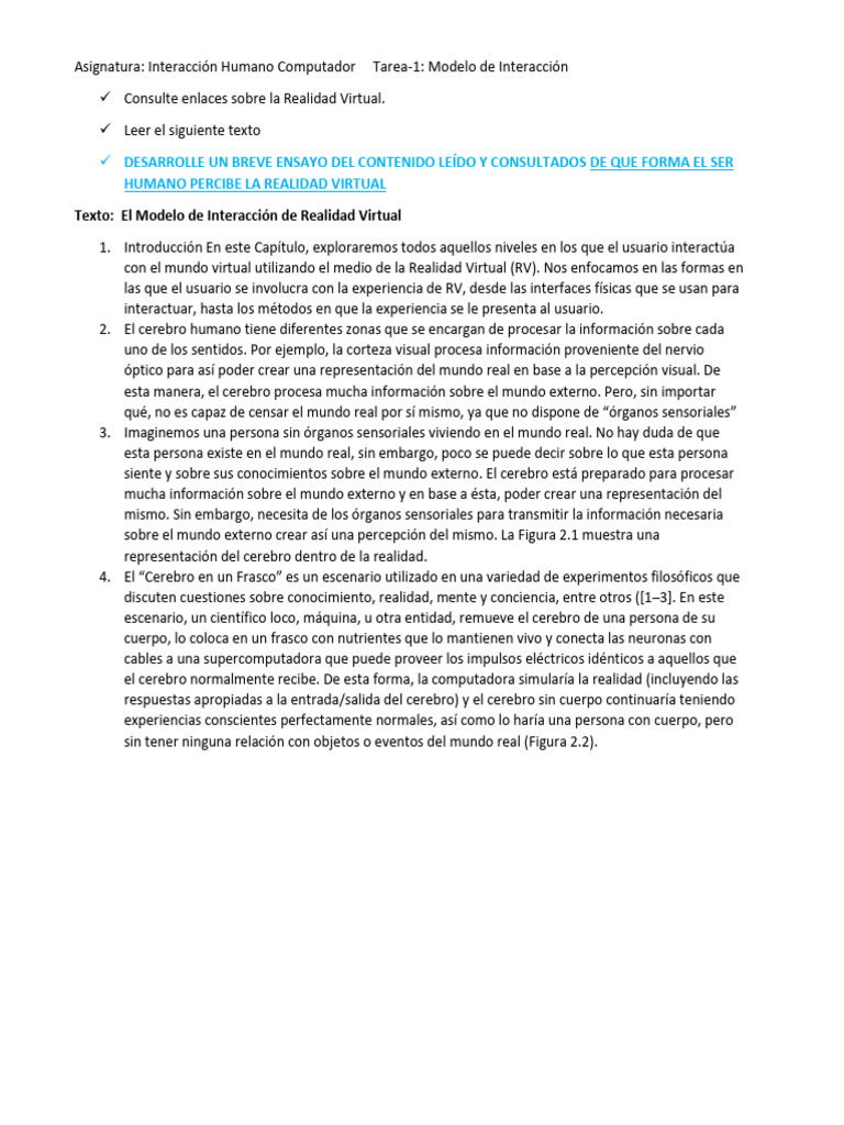 TAREA-1 Modelo de Interaccion de RV | PDF | Cerebro | Realidad virtual