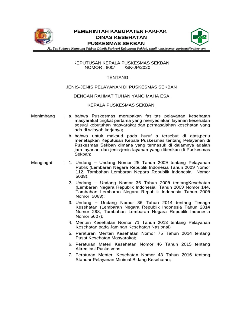 SK Tentang Jenis - Jenis Layanan Puskesmas | PDF