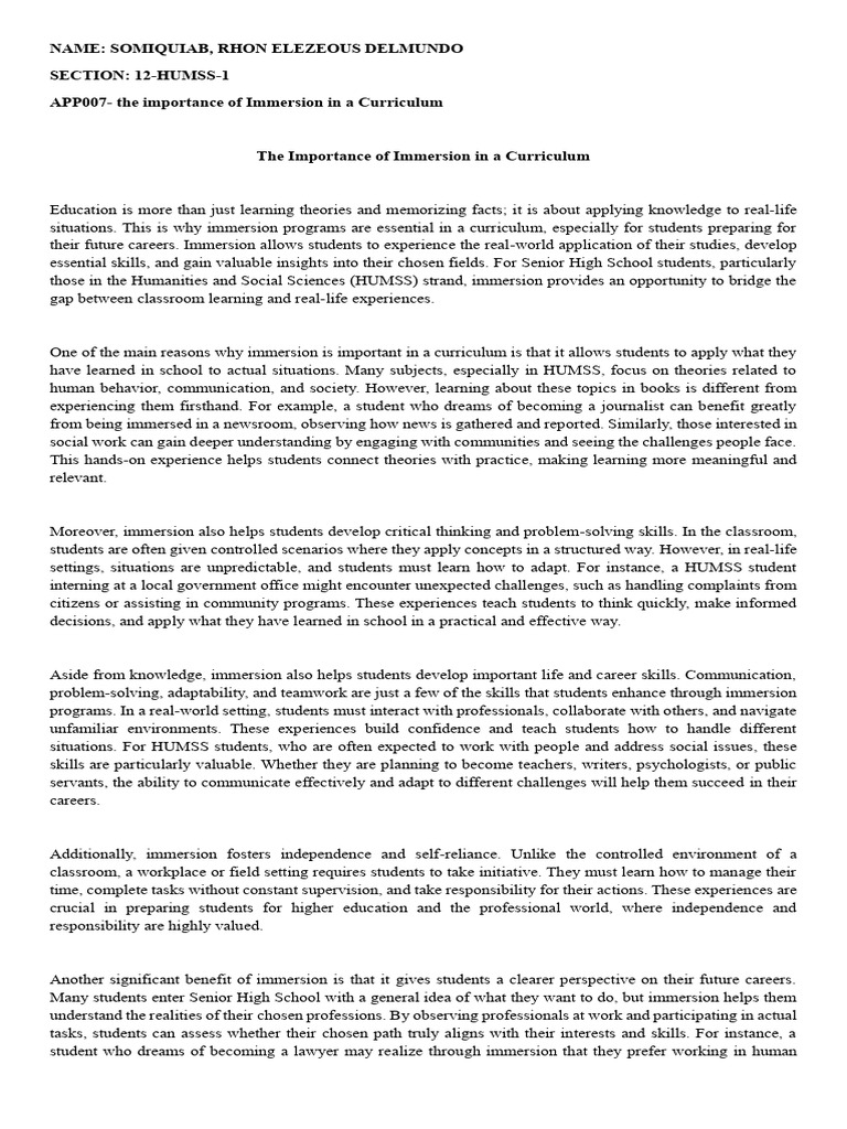Importance of Immersion in HUMSS Curriculum | PDF | Curriculum | Experience