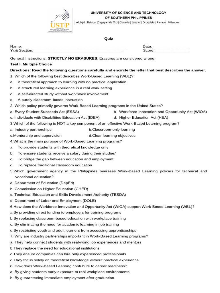 Work Based Learning Sample TQ | PDF | Mentorship | Employment