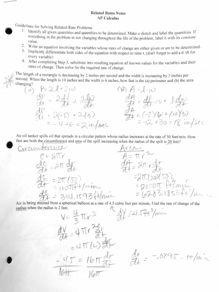 Related Rates Notes Ws Key | PDF