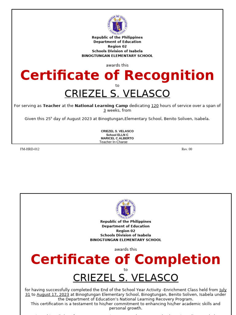 Certificate of Completion for Teacher | PDF | Philippines