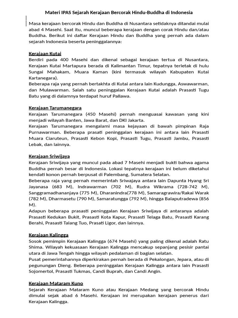 Materi IPAS Sejarah Kerajaan Bercorak Hindu | PDF