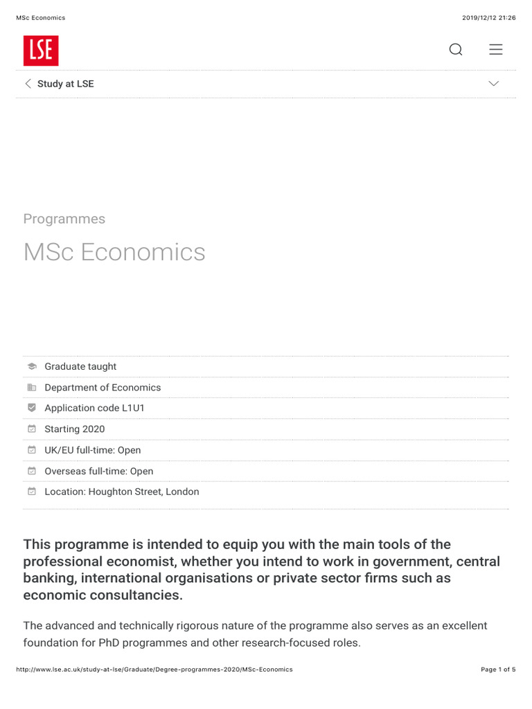 Pre-Reading, LSE MSC Economics | PDF | Economics | Econometrics