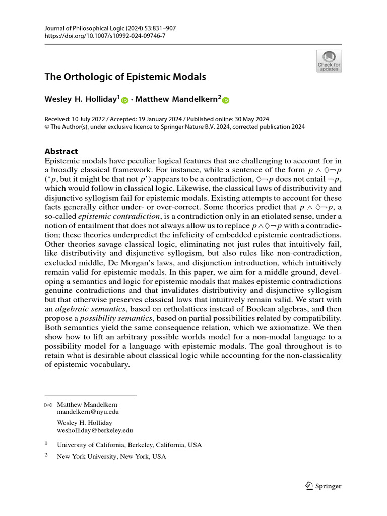 The Orthologic of Epistemic Modals: Wesley H. Holliday Matthew ...