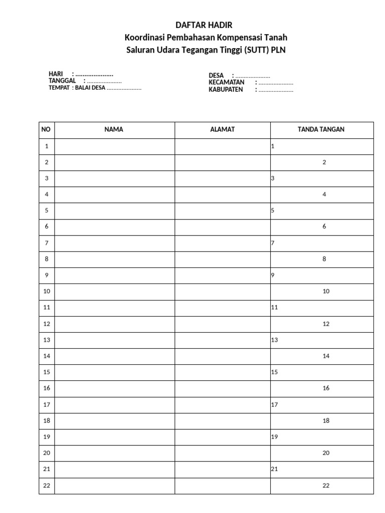 DAFTAR HADIR Saluran Udara Tegangan Tinggi (SUTT) PLN 1 | PDF