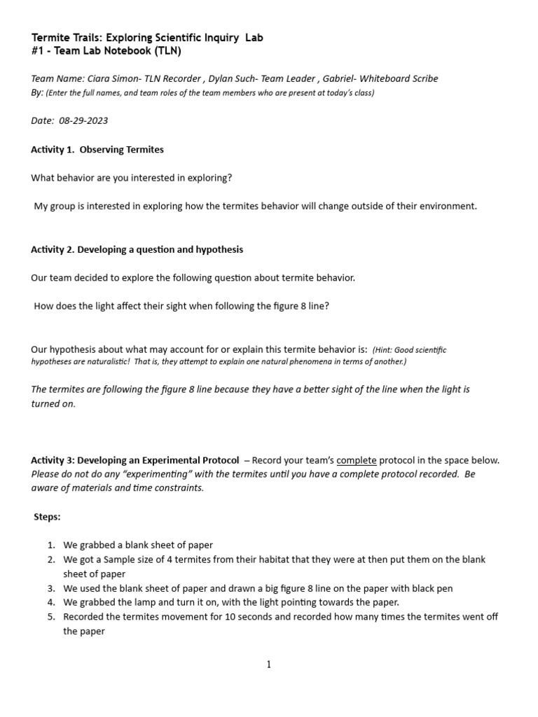 Lab 1 TLN Termite Trails | PDF | Experiment | Hypothesis