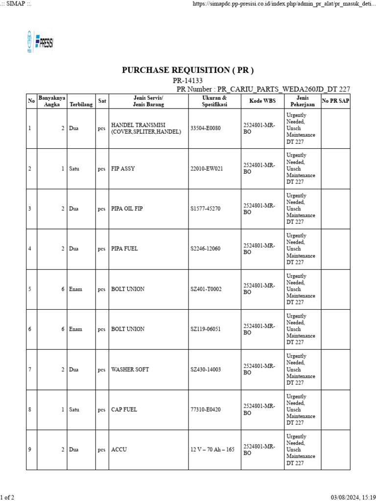 Purchase Requisition PR-14133 Details | PDF