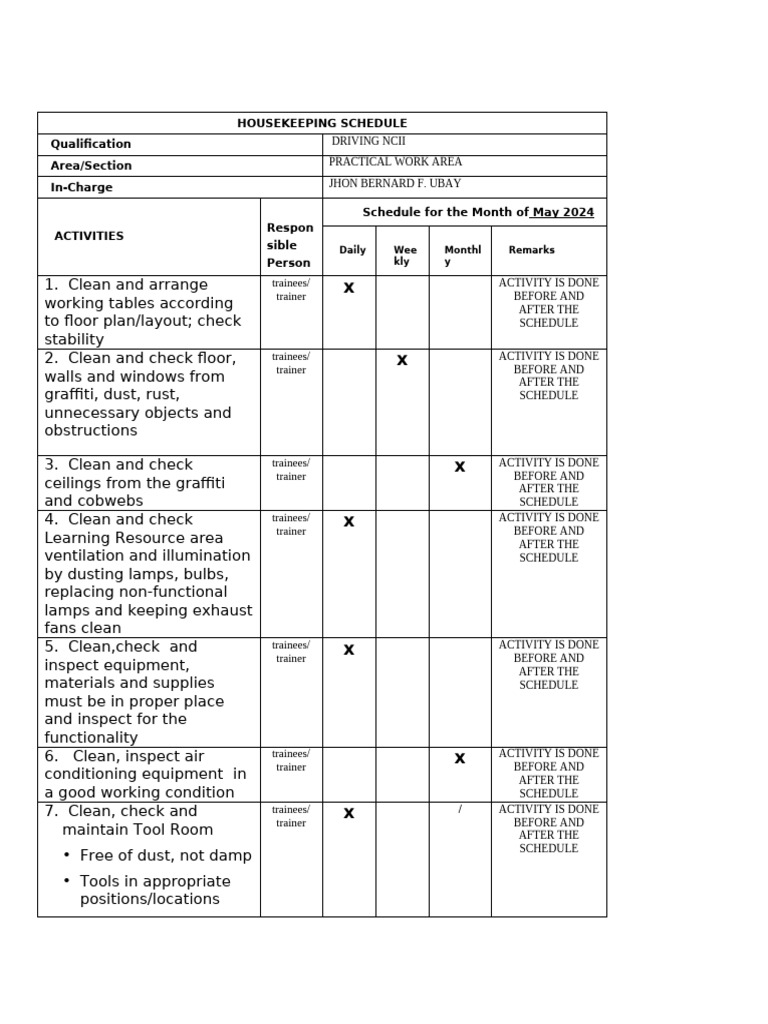 May 2024 Housekeeping Schedule Guide | PDF | Housekeeping
