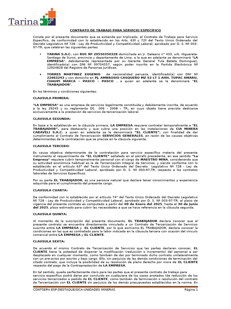 Contrato de Trabajo para Servicio Específico Torres Martinez Eugenio | PDF | Derecho laboral ...