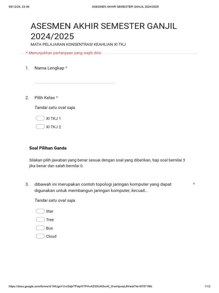 Uas Mapel Konsentrasi Keahlian TKJ Kelas Xi | PDF
