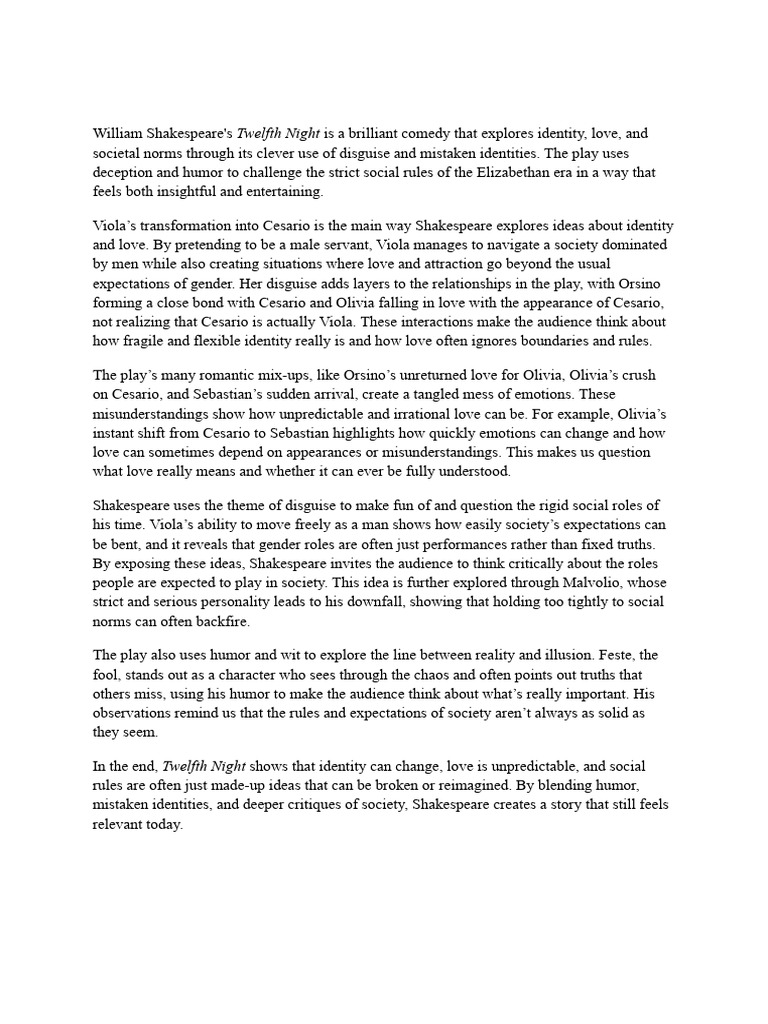Twelfth Night Essay | PDF | Twelfth Night