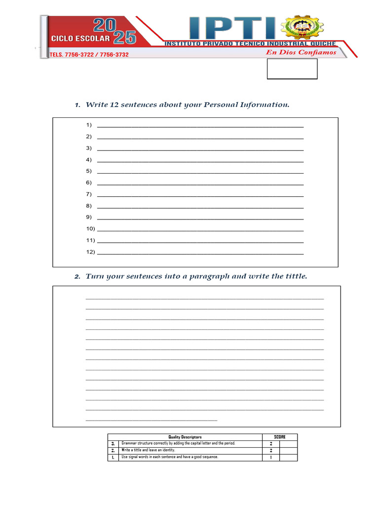 Write 12 Sentences About Your Personal Information.: Worksheet 1 | PDF ...