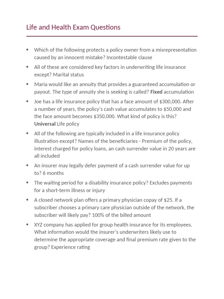 Life and Health Insurance Exam Questions | PDF | Insurance | Life Insurance