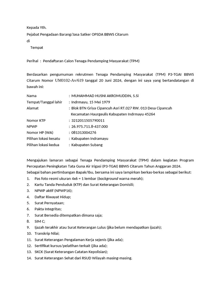 Contoh Format Lampiran Rekrutmen TPM TA 2024 | PDF
