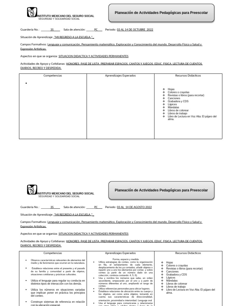 Plan de Preescolar OCTUBRE 2022 | PDF | Educación de la primera infancia