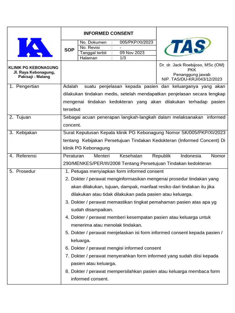 Prosedur Informed Consent Klinik PG Kebonagung | PDF