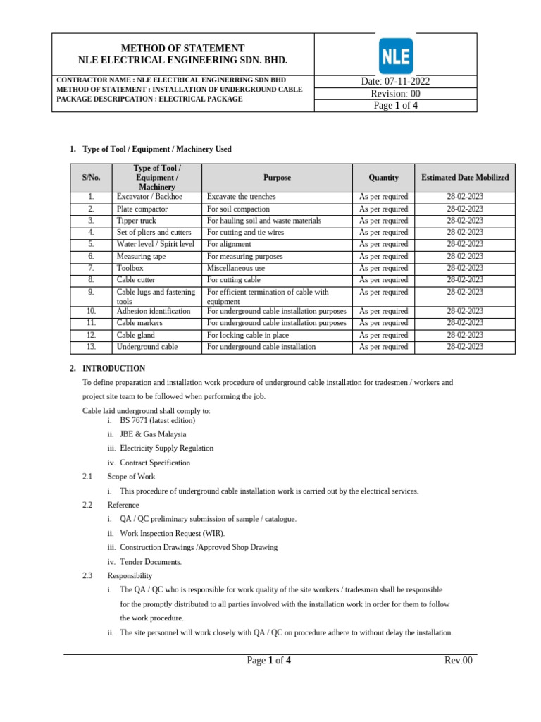 Mos Installation of Underground Cable | PDF | Specification (Technical ...