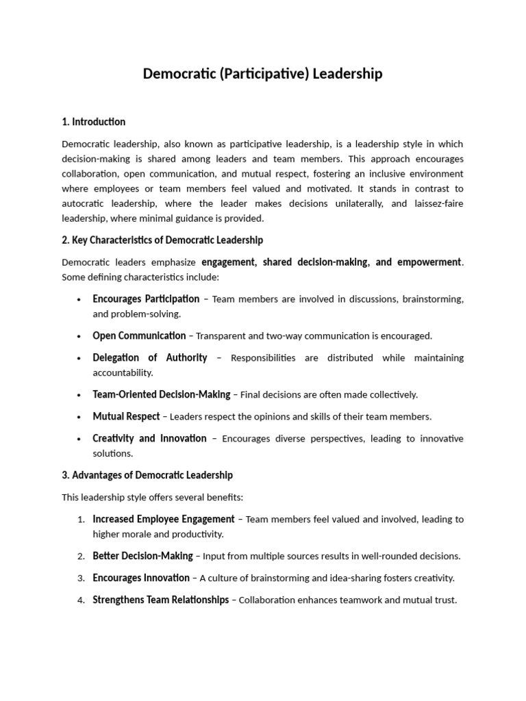 Democratic (Participative) Leadership | PDF | Leadership | Industrial ...