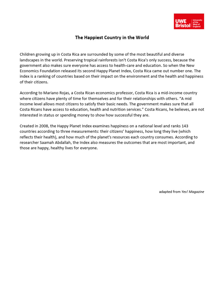 Costa Rica: The Happiest Country Index | PDF