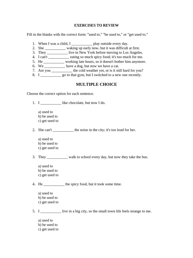 Used to, Be Used to and Get Used to Exercises to Review | PDF