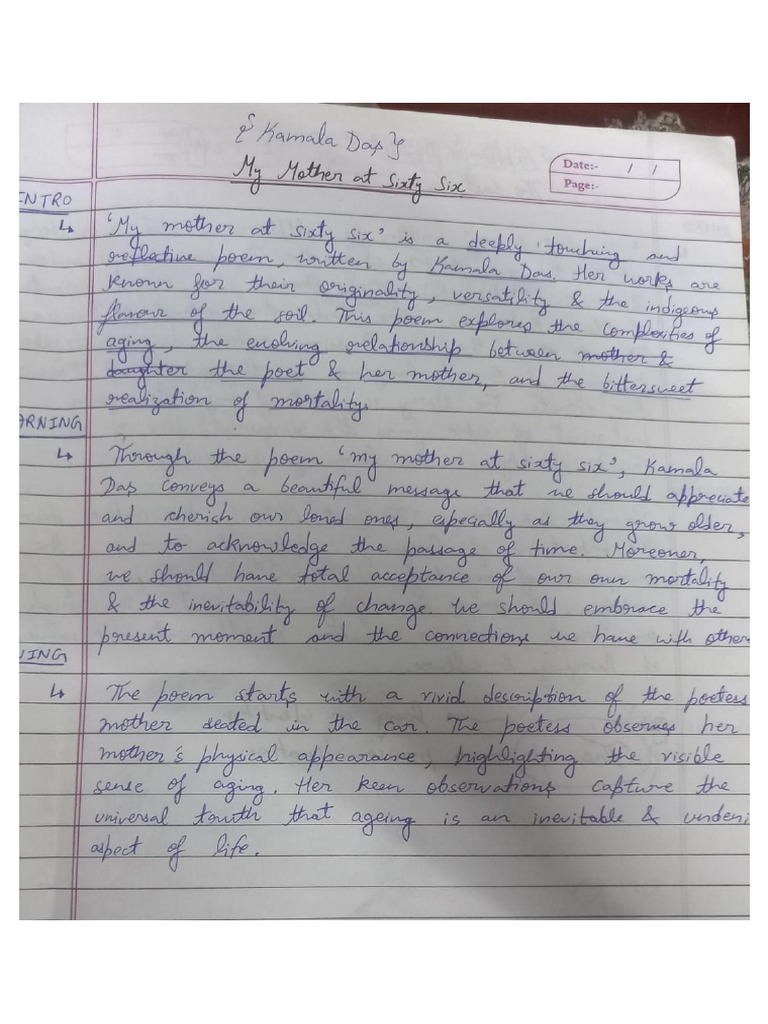 My Mother at Sixty-Six Notes - Class 12th CBSE English | PDF