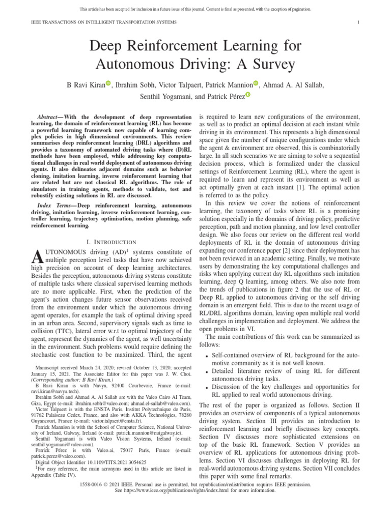 Deep Reinforcement Learning For Autonomous Driving A Survey Pdf