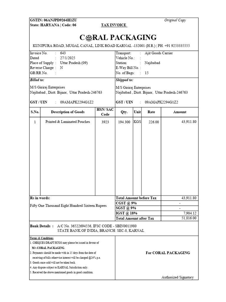 Coral Packaging Bill 643 | PDF | Economy Of India | Public Administration
