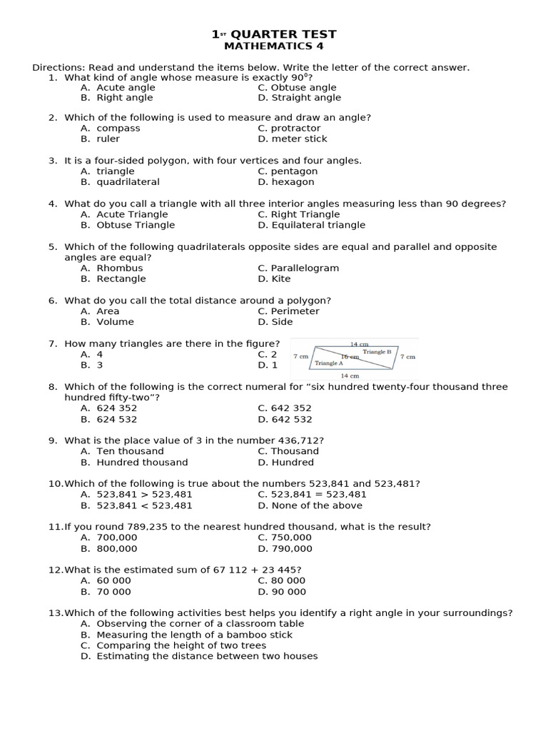 1st Quarter Test Math 4 | PDF | Triangle | Euclid