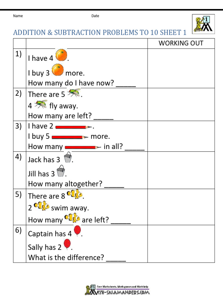 Addition Subtraction Problems To 10 1 | PDF