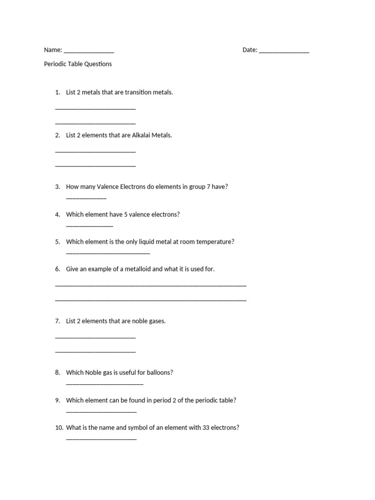 Periodic Table Questions | PDF