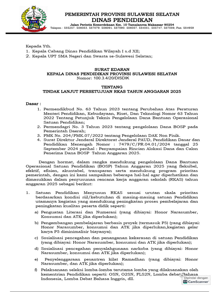 Surat Edaran Tindak Lanjut Persetujuan Rkas 2025 | PDF