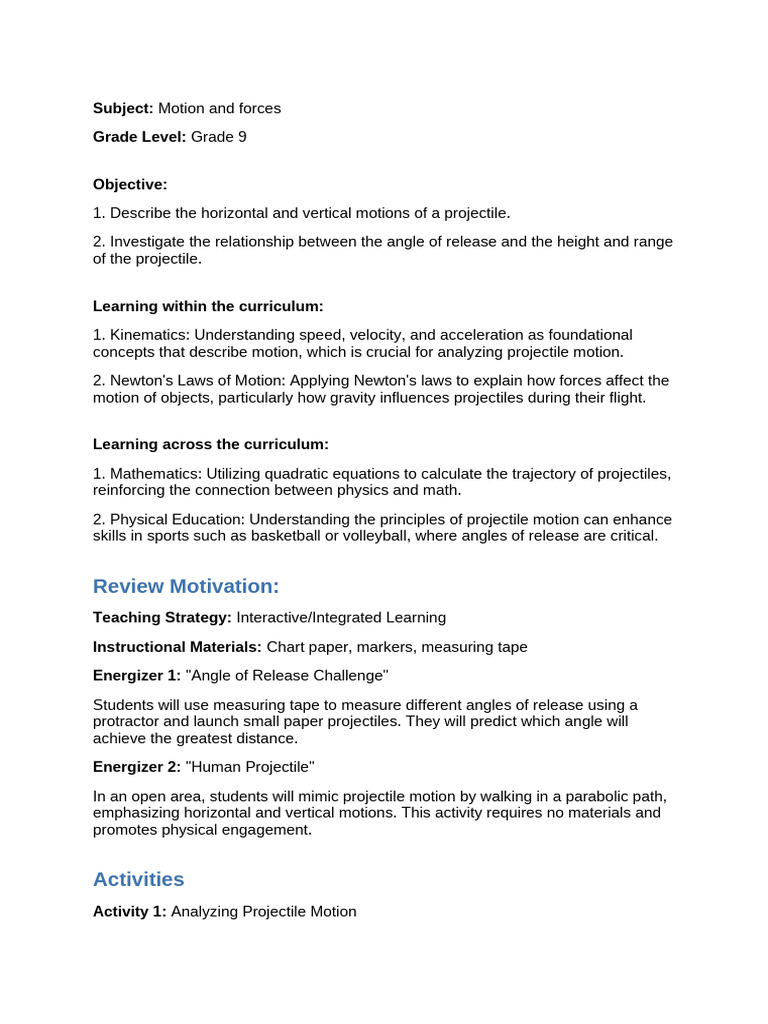 lesson_plan | PDF | Projectiles | Mechanics