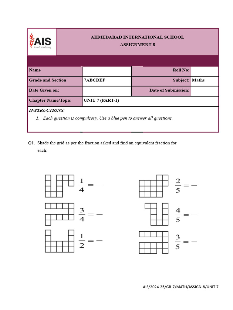 Grade 7 Maths Assignment on Fractions | PDF