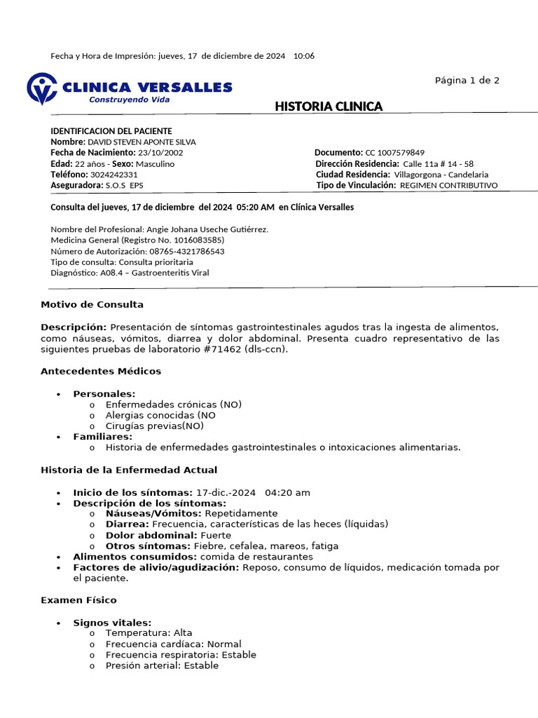 Historia Clinica David Steven 2 | PDF | Diarrea | Ciencias de la Salud